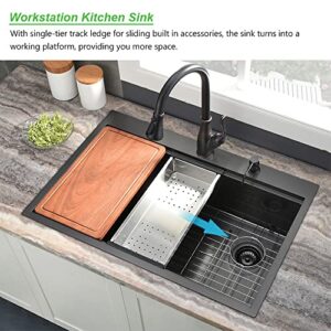 30 Inch Black Drop in Kitchen Sink Workstation, Jshozzy 30x22 Drop-in Top Mount Kitchen Sink Stainless Steel Black Kitchen Sink Single Bowl Deep Kitchen Sink with Offset Drain