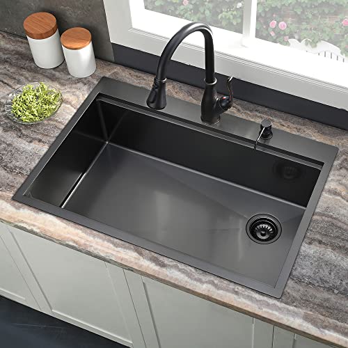 30 Inch Black Drop in Kitchen Sink Workstation, Jshozzy 30x22 Drop-in Top Mount Kitchen Sink Stainless Steel Black Kitchen Sink Single Bowl Deep Kitchen Sink with Offset Drain