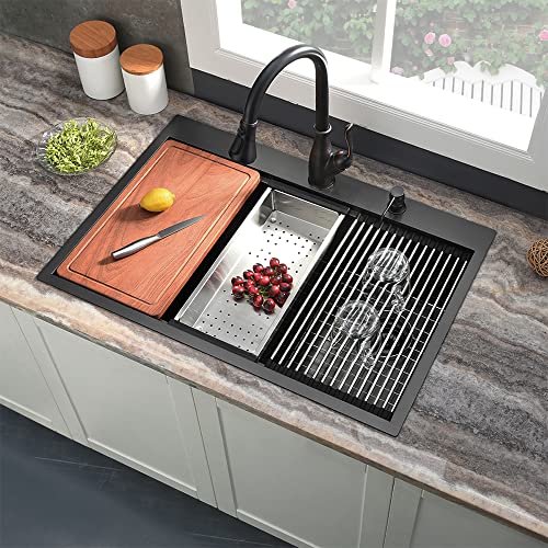 30 Inch Black Drop in Kitchen Sink Workstation, Jshozzy 30x22 Drop-in Top Mount Kitchen Sink Stainless Steel Black Kitchen Sink Single Bowl Deep Kitchen Sink with Offset Drain