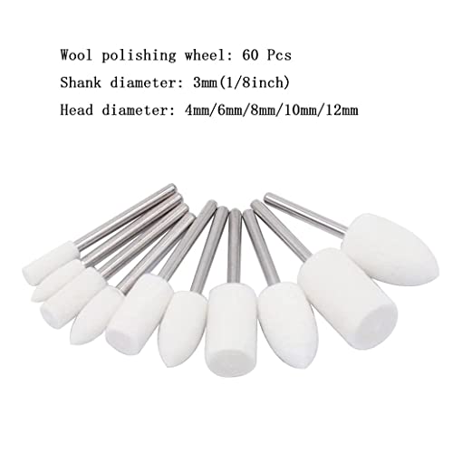 Luo ke 60 Pcs Wool Polishing Bits, 1/8 Inch Shank Compressed Wool Felt Polishing Kits Wool Mounted Mandrel Buffing Tool for Dremel