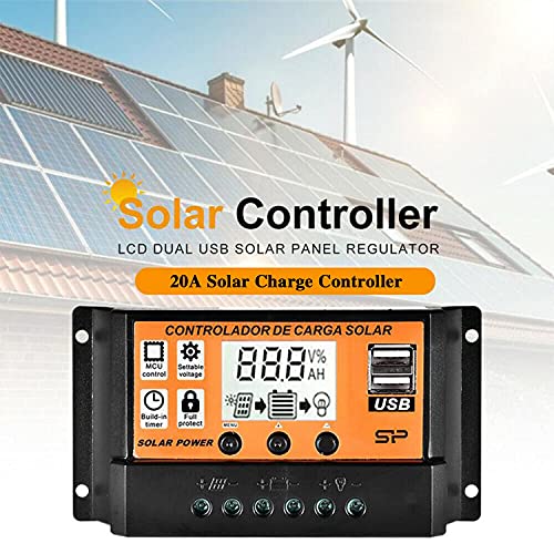 20A Solar Charge Controller, Solar Panel Charge Controller Intelligent Regulator with Dual USB Port 12V/24V,PWM Auto Paremeter Adjustable LCD Display Orange