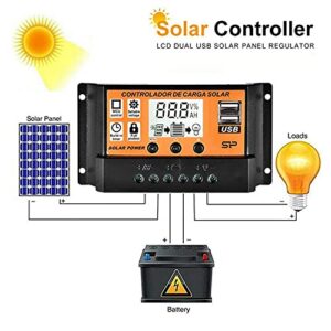 20A Solar Charge Controller, Solar Panel Charge Controller Intelligent Regulator with Dual USB Port 12V/24V,PWM Auto Paremeter Adjustable LCD Display Orange