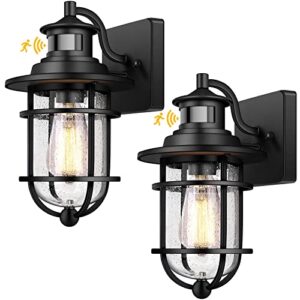 set of 2 motion sensor outdoor wall lantern dusk to dawn waterproof exterior wall sconce with seeded glass black wall mount light fixture for porch doorway garage, e26 socket, motion activated