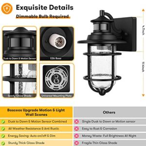 Set of 2 Motion Sensor Outdoor Wall Lantern Dusk to Dawn Waterproof Exterior Wall Sconce with Seeded Glass Black Wall Mount Light Fixture for Porch Doorway Garage, E26 Socket, Motion Activated