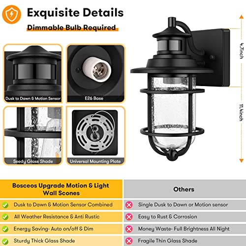 Set of 2 Motion Sensor Outdoor Wall Lantern Dusk to Dawn Waterproof Exterior Wall Sconce with Seeded Glass Black Wall Mount Light Fixture for Porch Doorway Garage, E26 Socket, Motion Activated