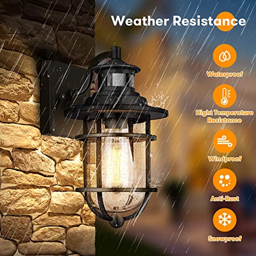 Set of 2 Motion Sensor Outdoor Wall Lantern Dusk to Dawn Waterproof Exterior Wall Sconce with Seeded Glass Black Wall Mount Light Fixture for Porch Doorway Garage, E26 Socket, Motion Activated