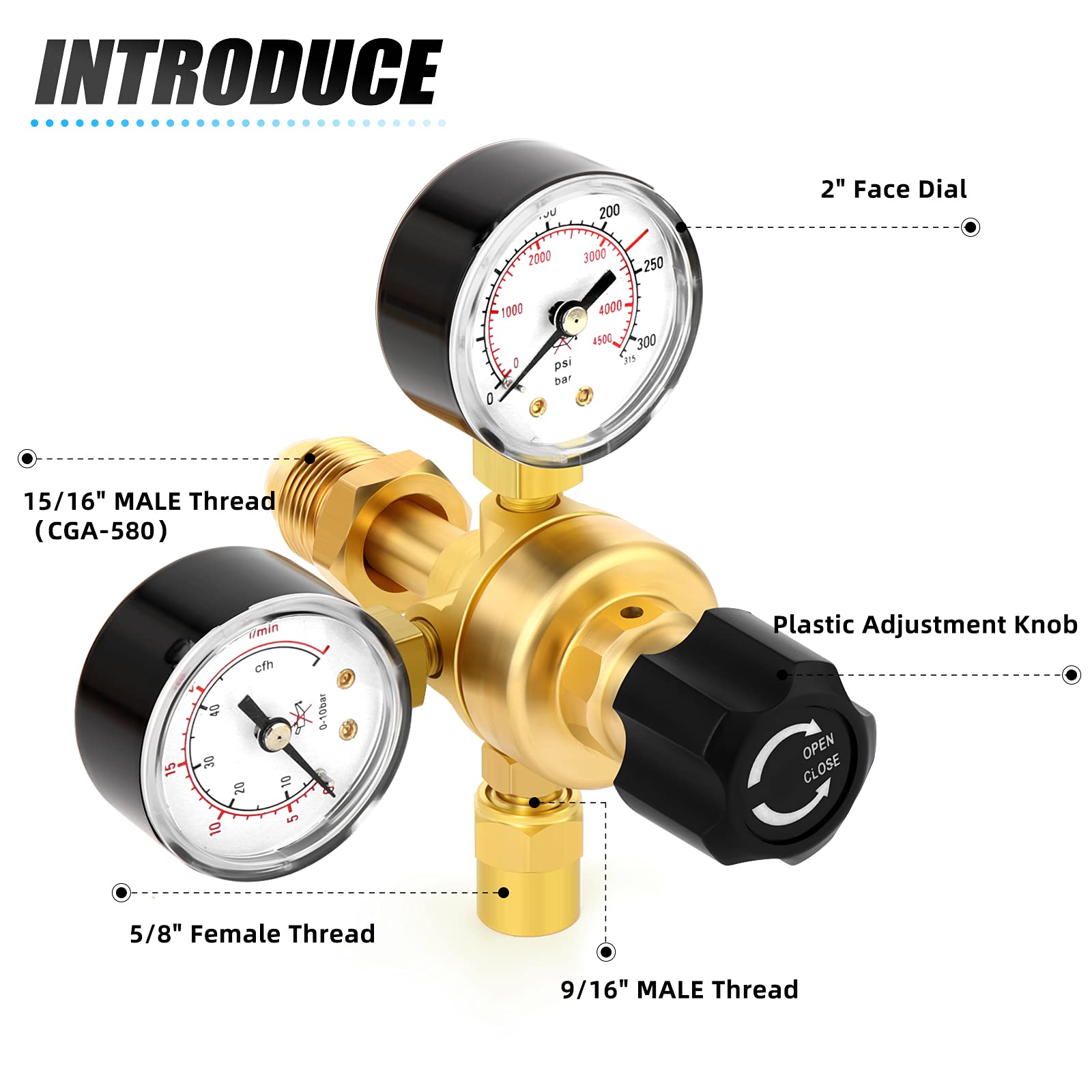 MEANLIN MEASURE Argon CO2 Regulators Gauges Gas Welding Regulator CGA580 Fitting With Miller Lincoln Mig Tig Weld With 60 Inch Hose 0-4500PSI / 0-10BAR