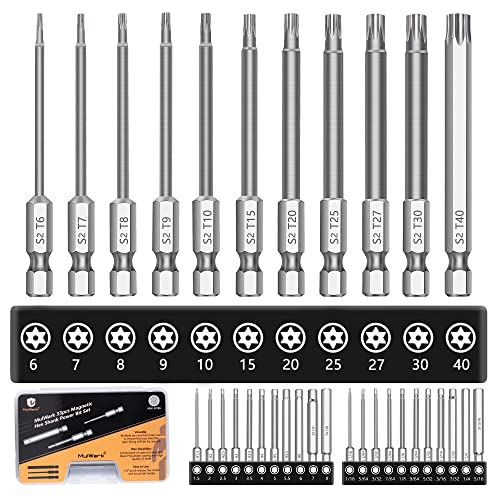 MulWark Hex Head Allen Wrench Drill Bit Set 33pcs (11pc Metric, 11pc SAE, 11pc Tamperproof Torx), 2.3" Long 1/4" Diameter Quick Release Shank Magnetic Screwdriver Bit Set for Assembling Furniture