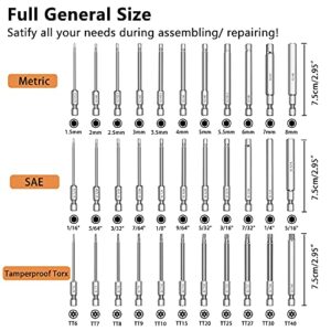 MulWark Hex Head Allen Wrench Drill Bit Set 33pcs (11pc Metric, 11pc SAE, 11pc Tamperproof Torx), 2.3" Long 1/4" Diameter Quick Release Shank Magnetic Screwdriver Bit Set for Assembling Furniture