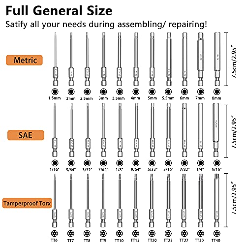 MulWark Hex Head Allen Wrench Drill Bit Set 33pcs (11pc Metric, 11pc SAE, 11pc Tamperproof Torx), 2.3" Long 1/4" Diameter Quick Release Shank Magnetic Screwdriver Bit Set for Assembling Furniture