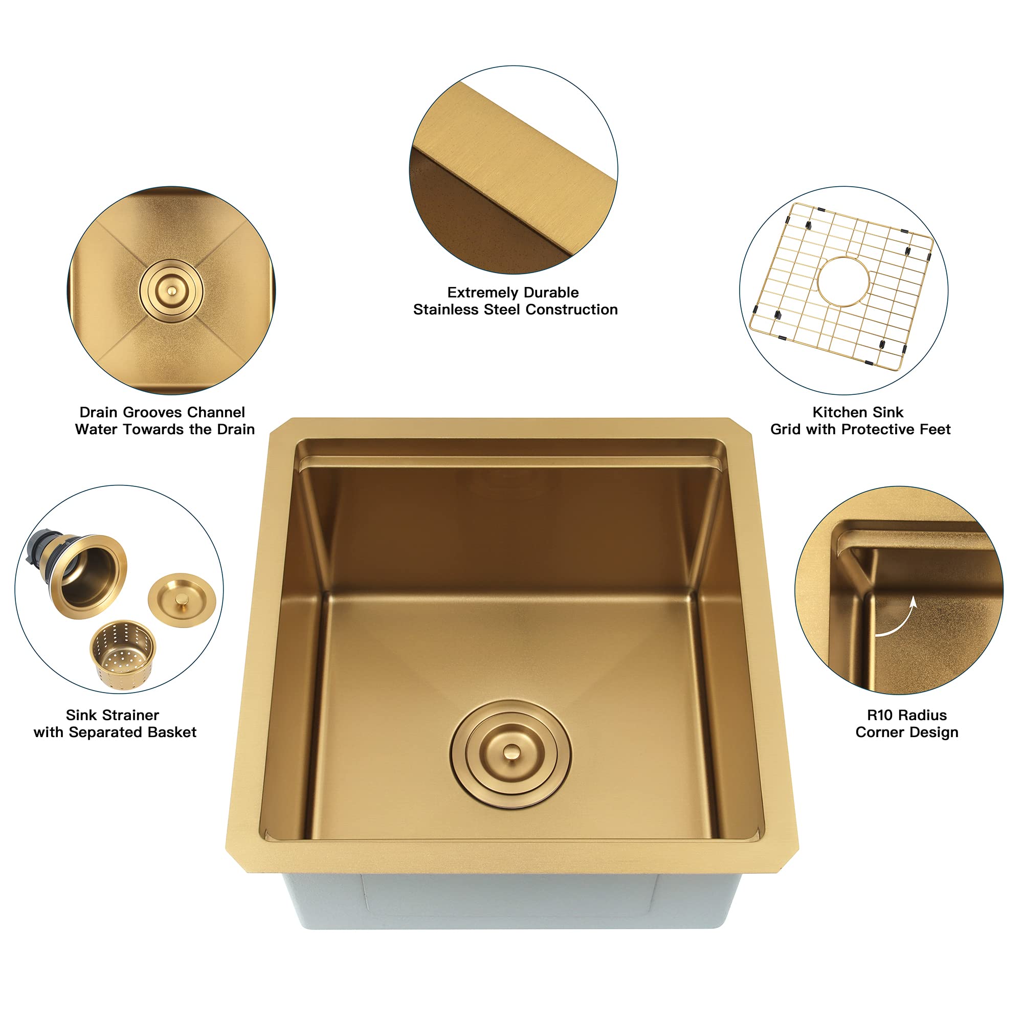 Zeesink Undermount Bar Sink 17 inch,Wet Bar Sink,RV Sink,Gold Bar Sink,Small Bar Sink with Workstation and Accessories