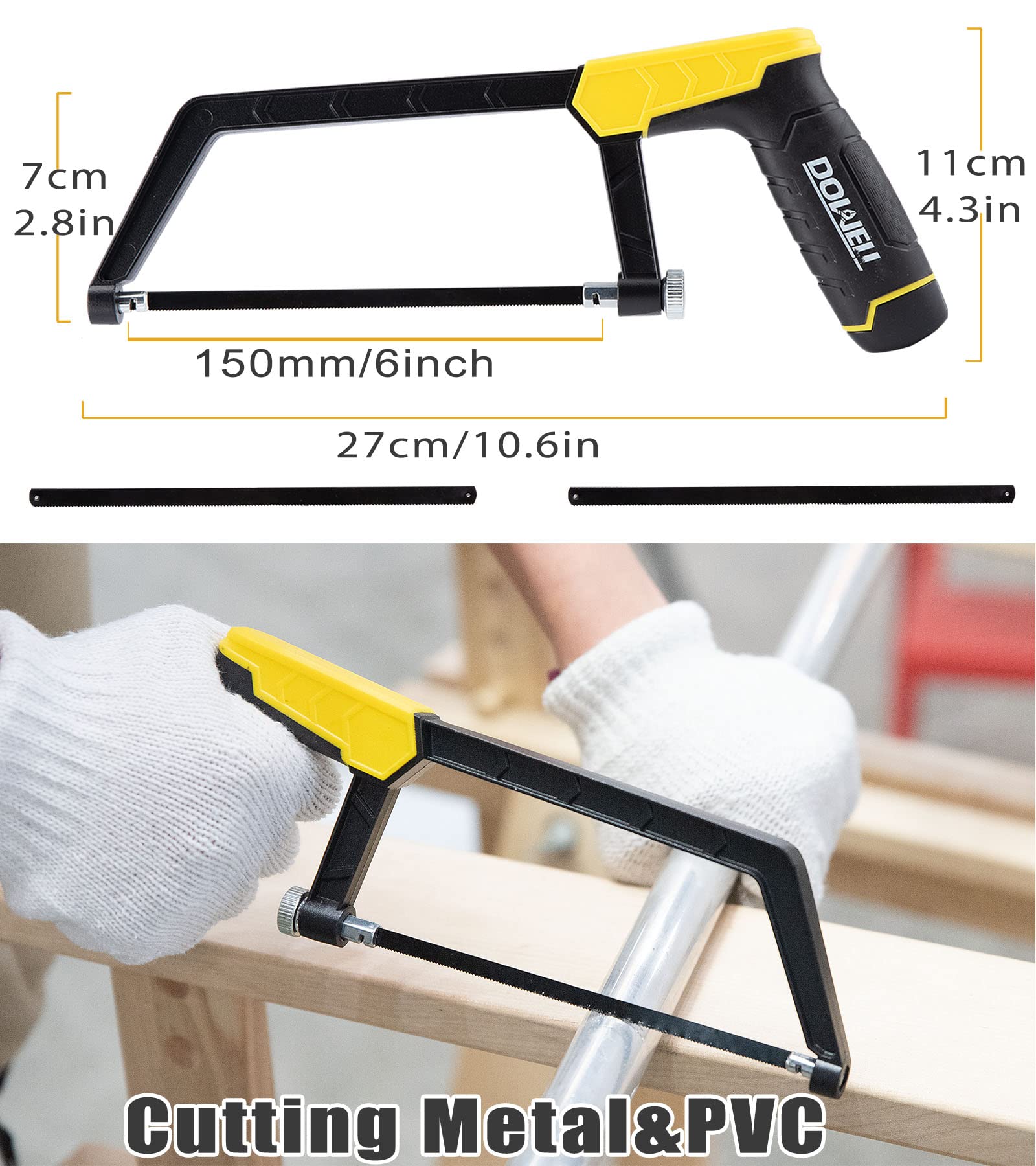 DOWELL Hacksaw Frame Set Heavy Duty Handsaw 12-inch 10-inch 6-inch Mini Hacksaw Hand Saw 8 Extra Blades Multi-function for Metal Wood PVC Pipes