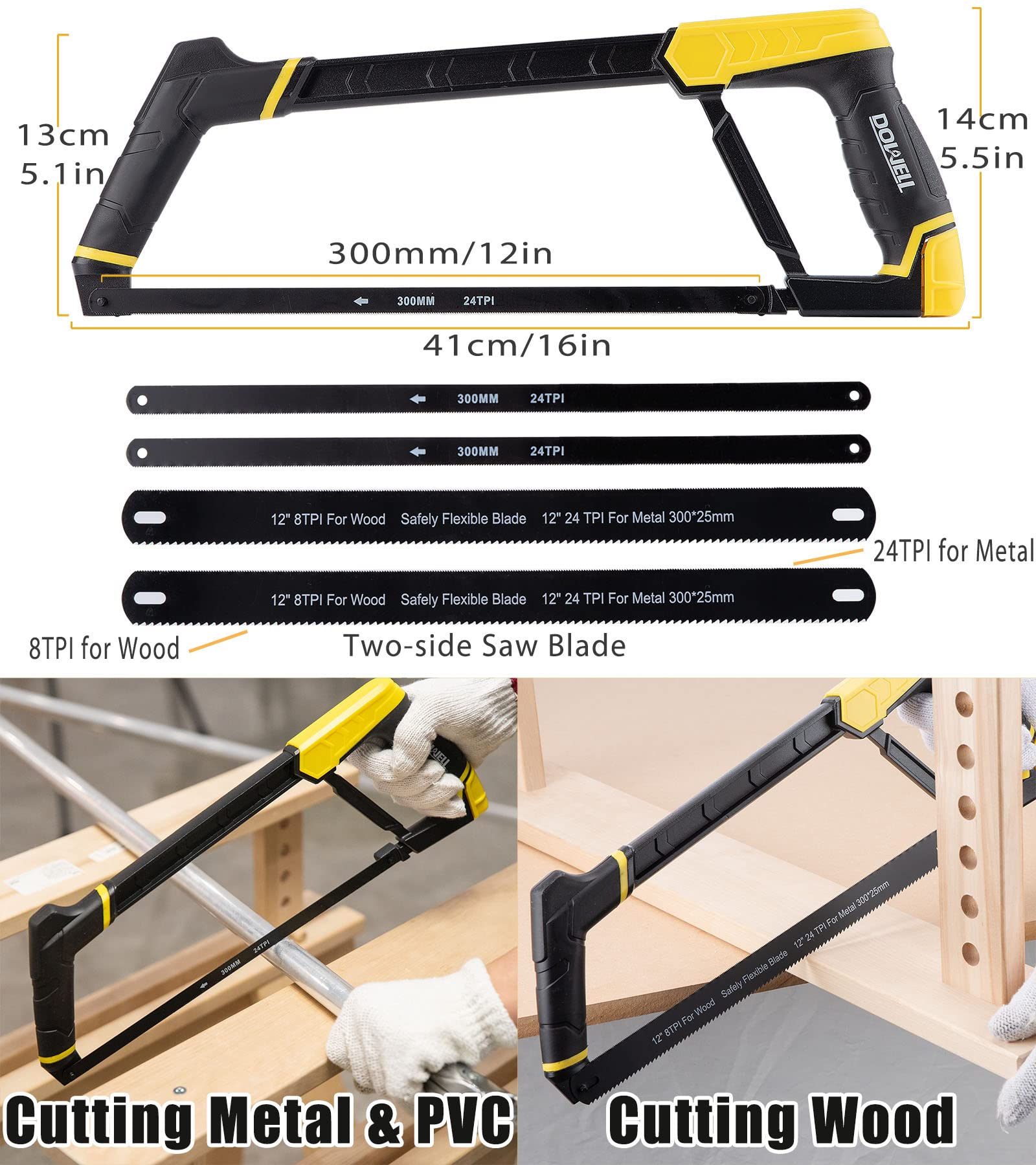 DOWELL Hacksaw Frame Set Heavy Duty Handsaw 12-inch 10-inch 6-inch Mini Hacksaw Hand Saw 8 Extra Blades Multi-function for Metal Wood PVC Pipes