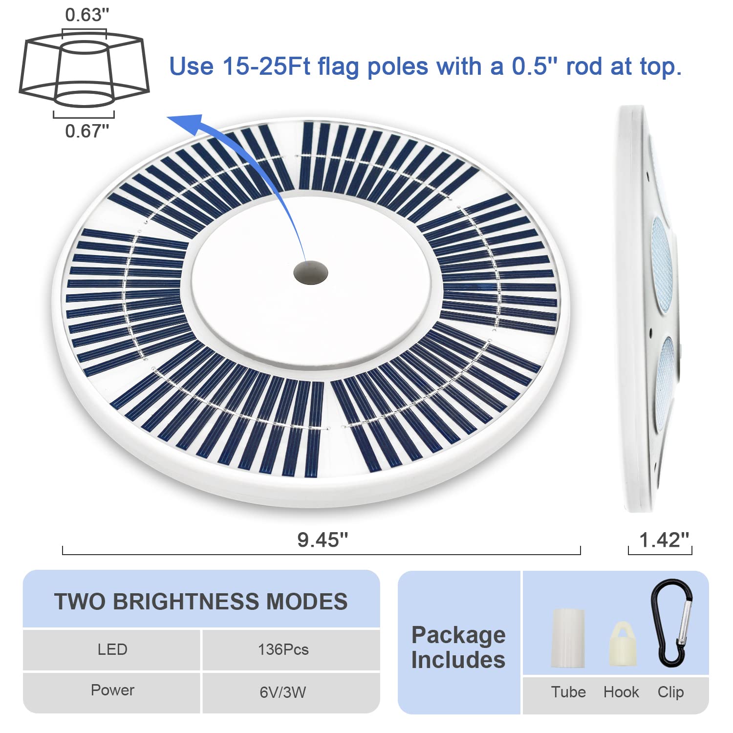 Solar Flag Pole Light, New 136 LED Flagpole Light 10000h Lifespan for 15-25 Ft Poles, 2-Mode Brightness, Waterproof Lighting on Outdoor Flag Pole Top, Auto On/Off