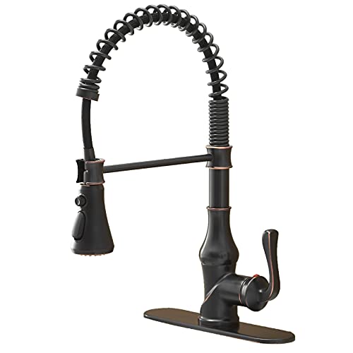 BATHLAVISH Oil Rubbed Bronze Kitchen Faucet Pull Down 3 Outlet Mode Sprayer Bar Sink Farmhouse Commercial Single Hole Single Handle Mixer Tap with 10-Inch Hole Cover Plate Solid Brass Lead-Free