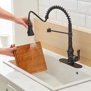 BATHLAVISH Oil Rubbed Bronze Kitchen Faucet Pull Down 3 Outlet Mode Sprayer Bar Sink Farmhouse Commercial Single Hole Single Handle Mixer Tap with 10-Inch Hole Cover Plate Solid Brass Lead-Free