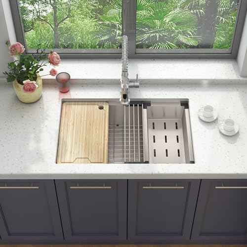 Sinber 30" x 19" x 10" Undermount Single Bowl Workstation Kitchen Sink with 16 Gauge 304 Stainless Steel Satin Finish 6 Accessories KSS0002S-OJ