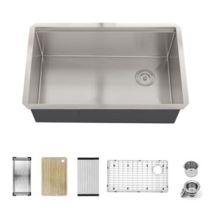 Sinber 30" x 19" x 10" Undermount Single Bowl Workstation Kitchen Sink with 16 Gauge 304 Stainless Steel Satin Finish 6 Accessories KSS0002S-OJ