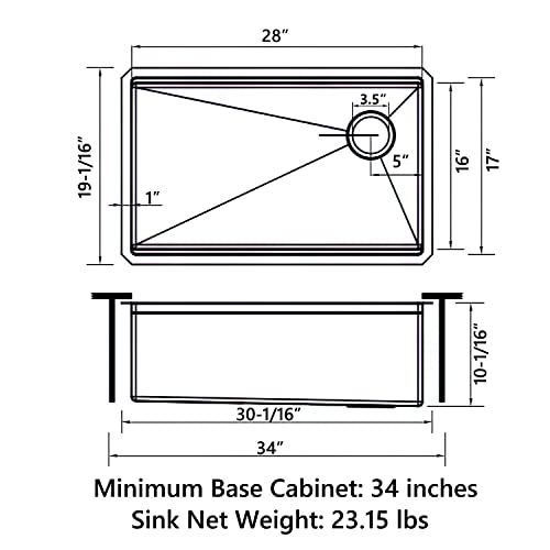 Sinber 30" x 19" x 10" Undermount Single Bowl Workstation Kitchen Sink with 16 Gauge 304 Stainless Steel Satin Finish 6 Accessories KSS0002S-OJ