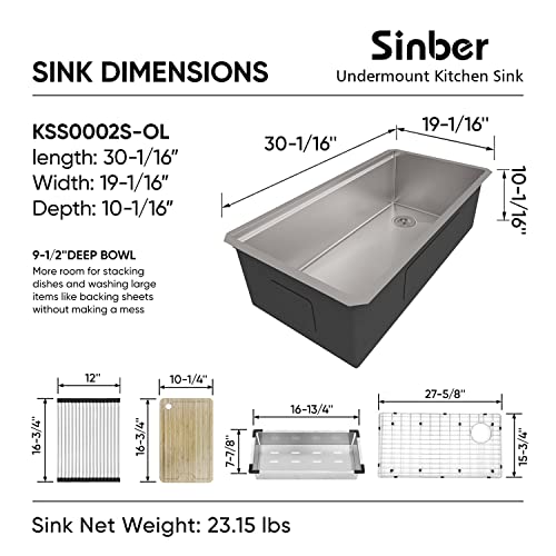 Sinber 30" x 19" x 10" Undermount Single Bowl Workstation Kitchen Sink with 16 Gauge 304 Stainless Steel Satin Finish 6 Accessories KSS0002S-OJ