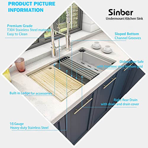 Sinber 30" x 19" x 10" Undermount Single Bowl Workstation Kitchen Sink with 16 Gauge 304 Stainless Steel Satin Finish 6 Accessories KSS0002S-OJ