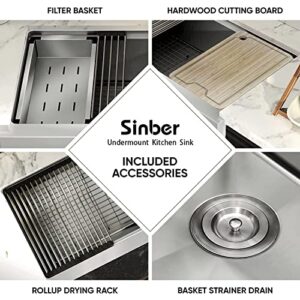 Sinber 30" x 19" x 10" Undermount Single Bowl Workstation Kitchen Sink with 16 Gauge 304 Stainless Steel Satin Finish 6 Accessories KSS0002S-OJ