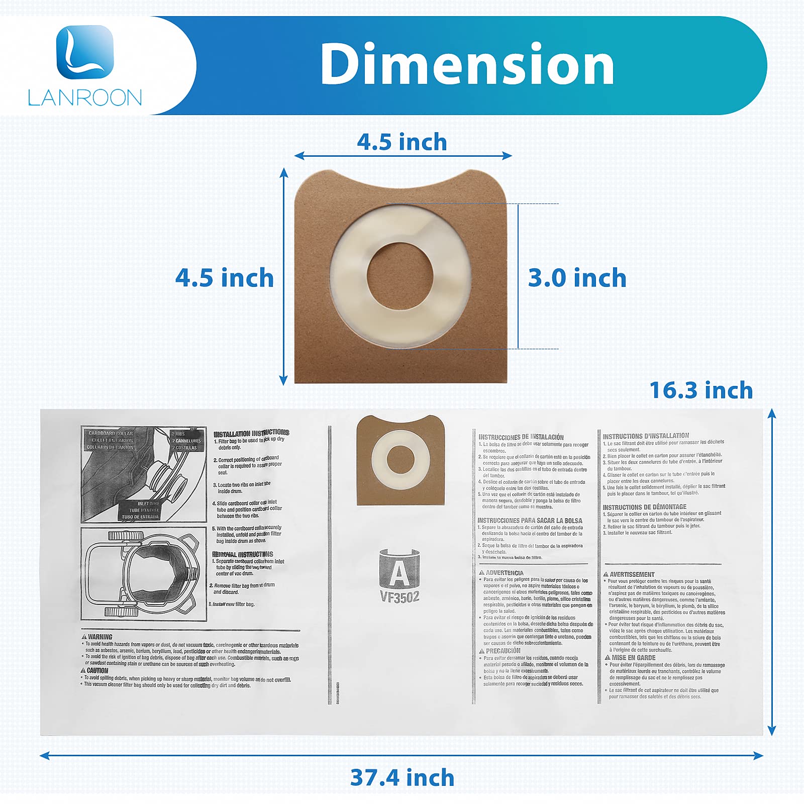 LANROON 12 Pack Replacement 23743 VF3502 Vacuum Bags Compatible with Ridgid 12-16 Gallon Vacuum WD1950 WD1956 WD1850 WD1851 RV2400HF WD1450 WD1680 WD1270