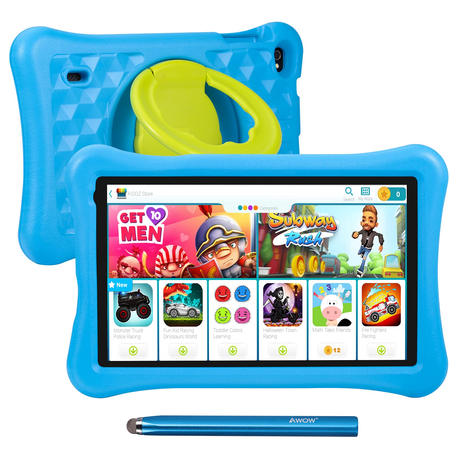 AWOW Kids Tablet, 10" Tablet pc for Kids, IPS HD Display 1280x800, Kidoz Pre-Installed, Parent Control, 2GB Ram 32GB Storage, Bluetooth, Wi-Fi, Dual Cameras, Kid-Proof Case, Stylus, Color Blue