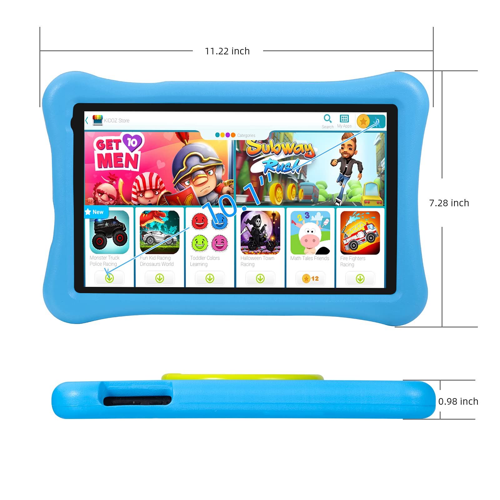 AWOW Kids Tablet, 10" Tablet pc for Kids, IPS HD Display 1280x800, Kidoz Pre-Installed, Parent Control, 2GB Ram 32GB Storage, Bluetooth, Wi-Fi, Dual Cameras, Kid-Proof Case, Stylus, Color Blue