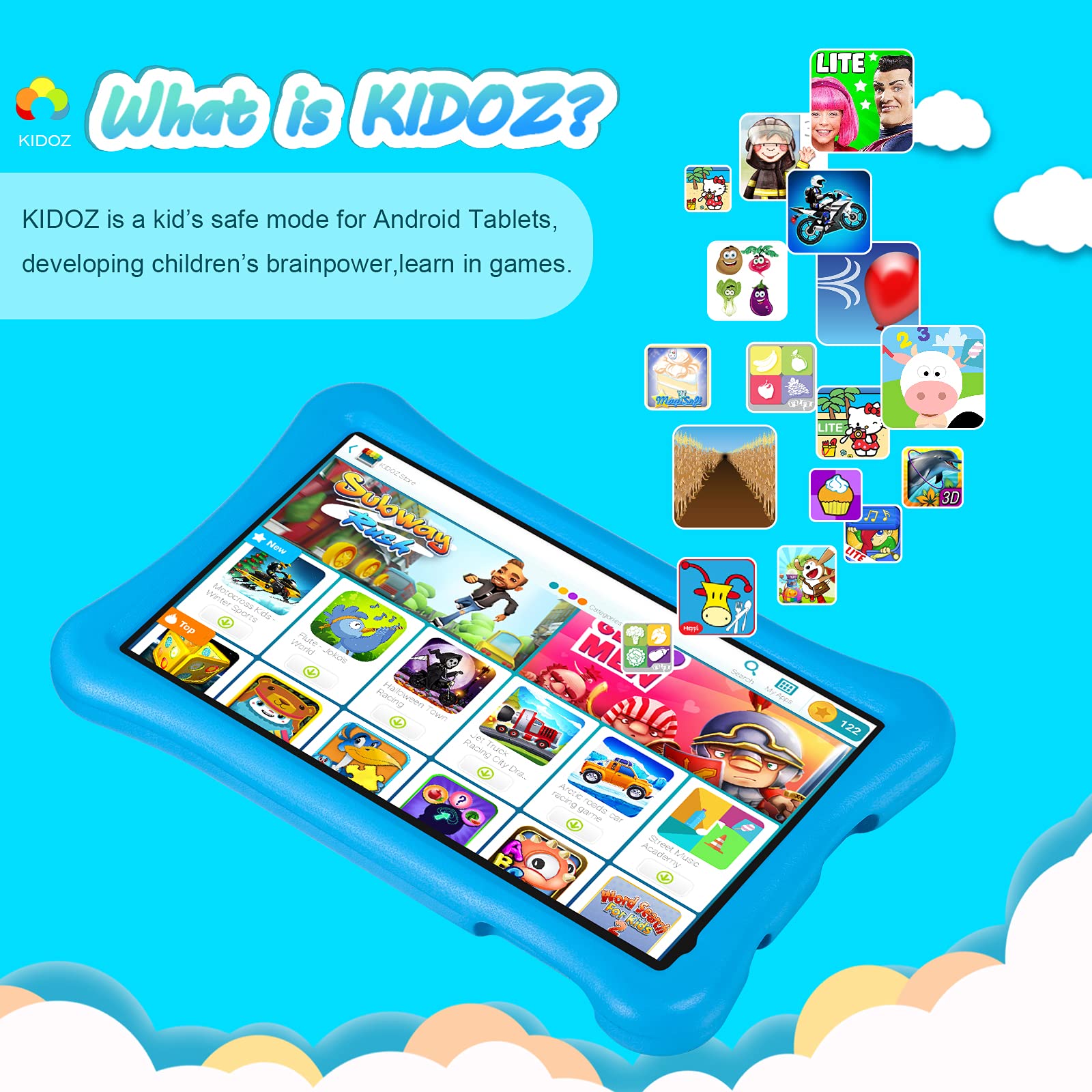 AWOW Kids Tablet, 10" Tablet pc for Kids, IPS HD Display 1280x800, Kidoz Pre-Installed, Parent Control, 2GB Ram 32GB Storage, Bluetooth, Wi-Fi, Dual Cameras, Kid-Proof Case, Stylus, Color Blue