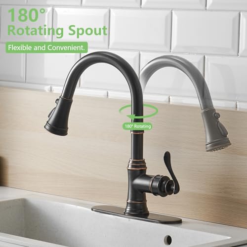 BATHLAVISH Bronze Kitchen Sink Faucet Oil Rubbed with Pull Down Sprayer Commercial Farmhouse Single Hole Single Handle with Hole Cover Plate Solid Brass Lead-Free