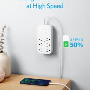 Anker Outlet Extender and USB Wall Charger, 6 Outlets and 2 USB Ports, 20W USB C Power Delivery High-Speed Charging iPhone 15/15 Plus/15 Pro/15 Pro Max, Multi-Plug for Dorm, Home, and Office, White