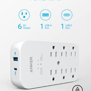 Anker Outlet Extender and USB Wall Charger, 6 Outlets and 2 USB Ports, 20W USB C Power Delivery High-Speed Charging iPhone 15/15 Plus/15 Pro/15 Pro Max, Multi-Plug for Dorm, Home, and Office, White