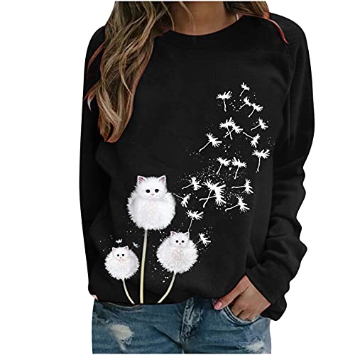 MELDVDIB Womens Long Sleeve Shirts Round Neck Cute Cat Print Tee Pullover T-Shirt Casual Loose Workout Blouses Tops (Black, L)