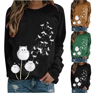 MELDVDIB Womens Long Sleeve Shirts Round Neck Cute Cat Print Tee Pullover T-Shirt Casual Loose Workout Blouses Tops (Black, L)