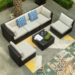 yitahome 6 pieces patio furniture set, outdoor sectional sofa pe wicker conversation set outside couch with table for porch lawn garden backyard, black