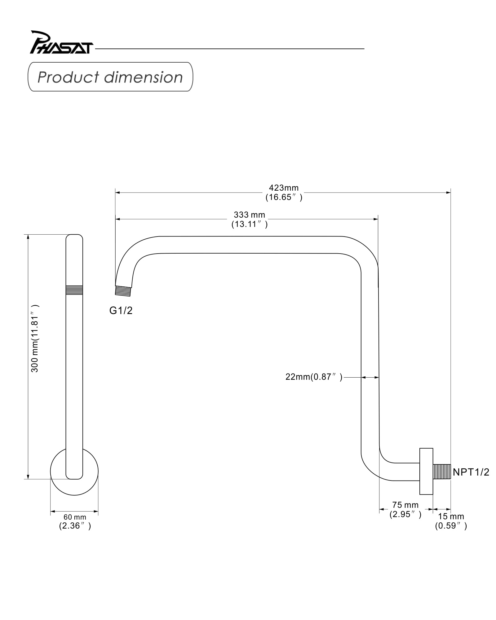 PHASAT S Shaped Shower Arm, 16.65 Inches High Rise Shower Arm with Flange,Shower Head Extension Arm Replacement,Shower Arm Extension Brushed Nickel,PU9L02