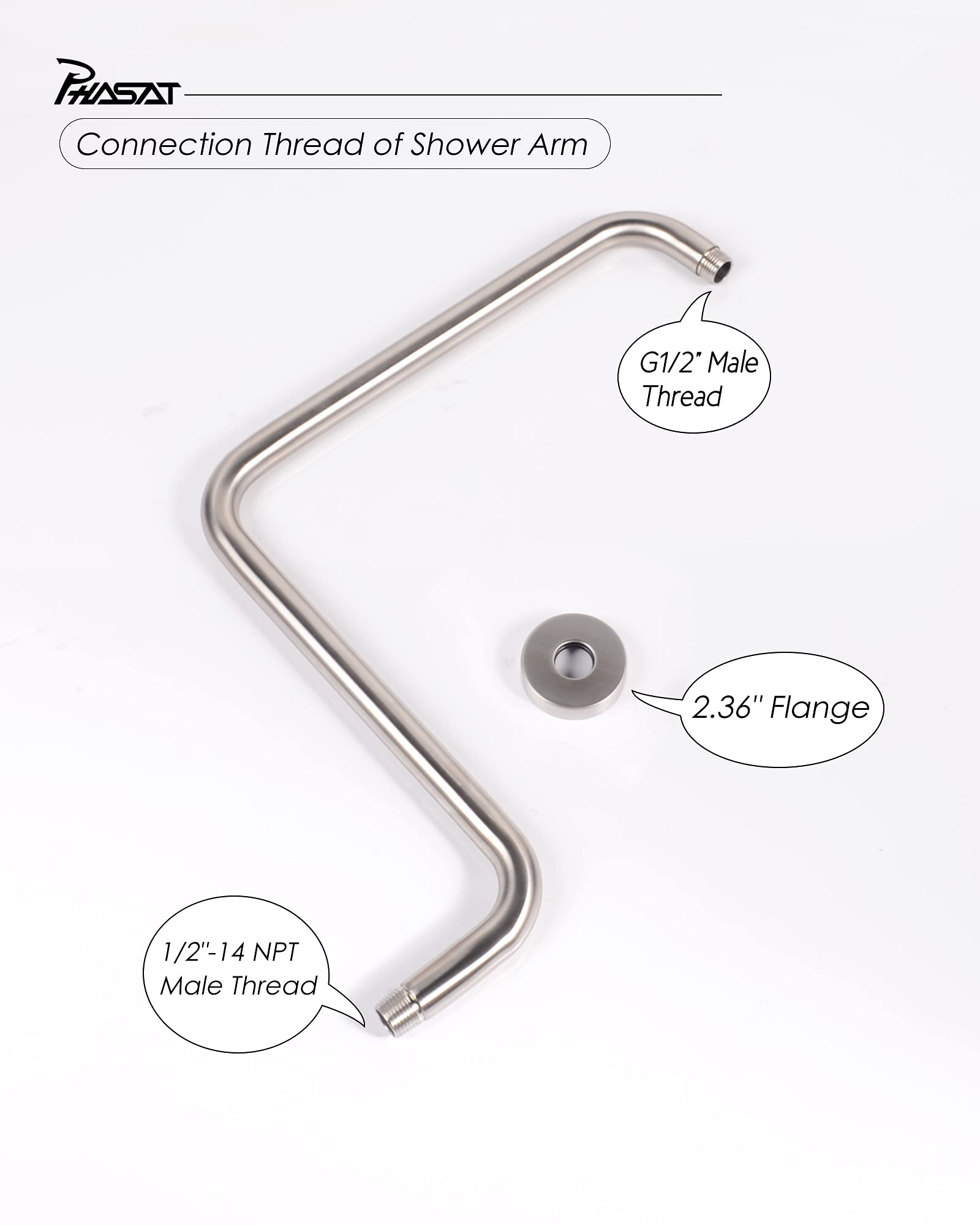 PHASAT S Shaped Shower Arm, 16.65 Inches High Rise Shower Arm with Flange,Shower Head Extension Arm Replacement,Shower Arm Extension Brushed Nickel,PU9L02