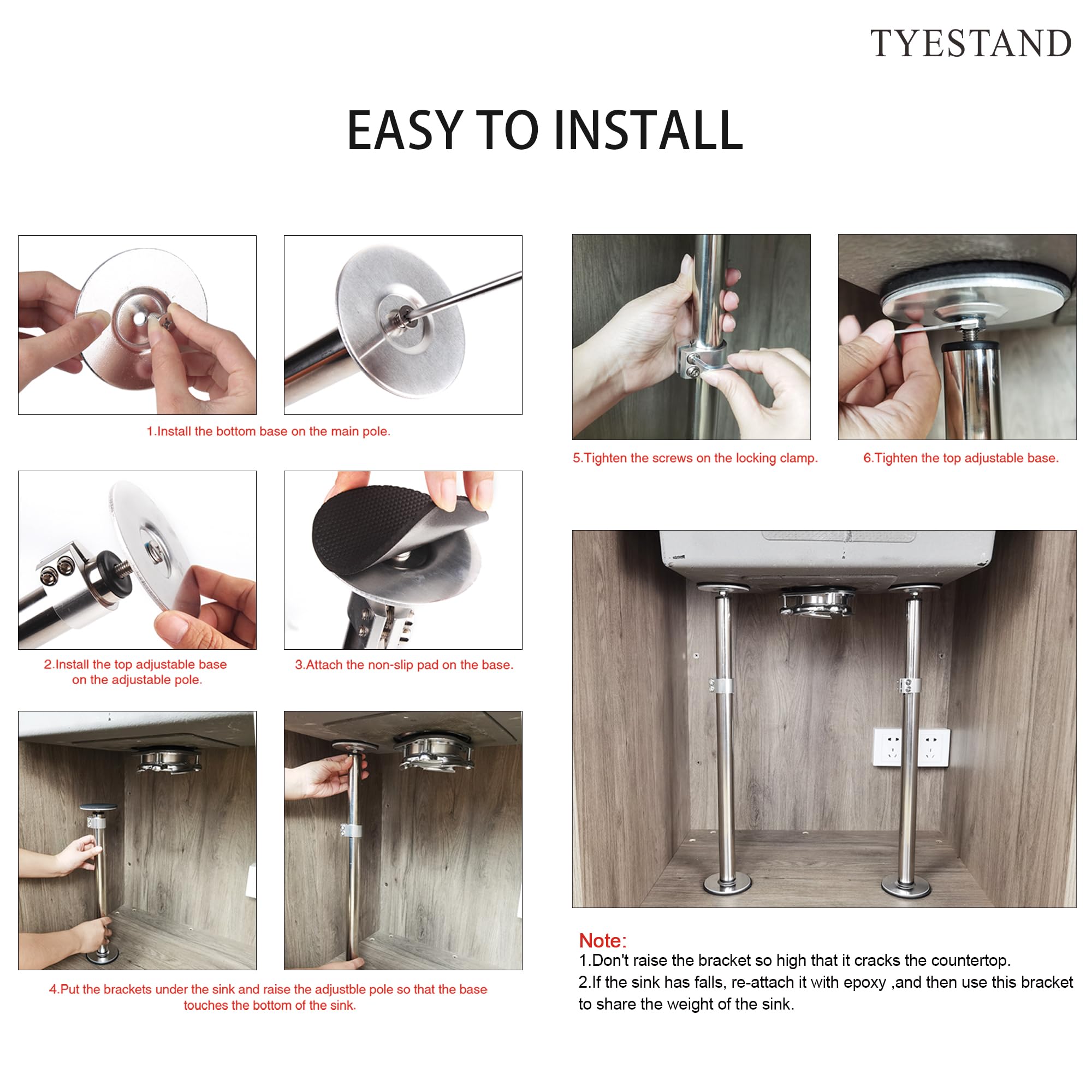 TYESTAND ST-2 Undermount Sink Brackets Stainless Steel Adjustable Support Sink Legs Installation and Repair System Kit For Kitchen Sink (16-29.5inches(41-75cm))