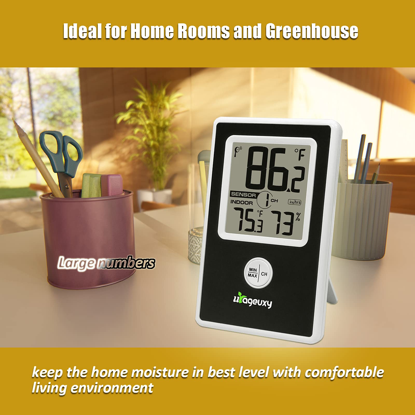 Urageuxy Digital Indoor Temperature Monitor Wireless Outdoor Thermometer Sensor up to 300ft 24H Min Max Records Ideal for Patio Garden Room