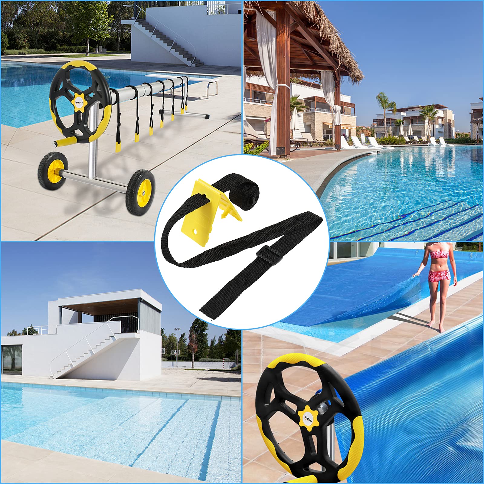 VINGLI Pool Cover Reel Set Pool Reel Embedded Straps with Clips, Pool Solar Cover Reel Attachment Kit,Including 8 Adhesive Nylon Straps, 12 Cord Plates,8 Buckles for In-ground Swimming Pool