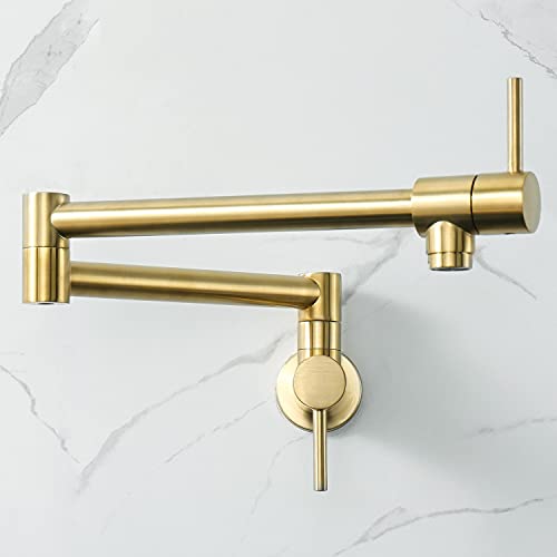 HAIYUNDA Pot Filler Folding Faucets,Wall Mount Pot Filler Kitchen Faucet Solid Brass,Swing Arm Folding Brushed Gold Modern Kitchen Sink Faucet Folding Stretchable with Single Hole Two Handles