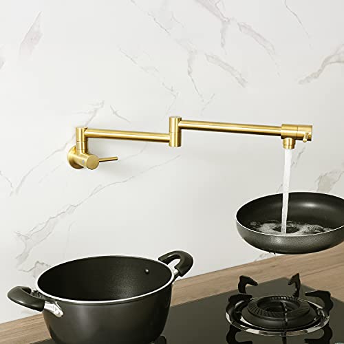 HAIYUNDA Pot Filler Folding Faucets,Wall Mount Pot Filler Kitchen Faucet Solid Brass,Swing Arm Folding Brushed Gold Modern Kitchen Sink Faucet Folding Stretchable with Single Hole Two Handles