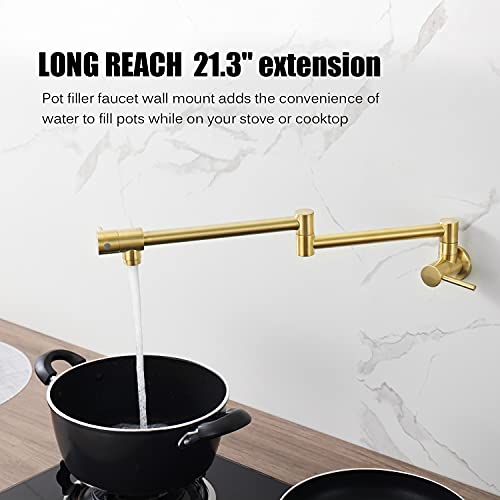 HAIYUNDA Pot Filler Folding Faucets,Wall Mount Pot Filler Kitchen Faucet Solid Brass,Swing Arm Folding Brushed Gold Modern Kitchen Sink Faucet Folding Stretchable with Single Hole Two Handles