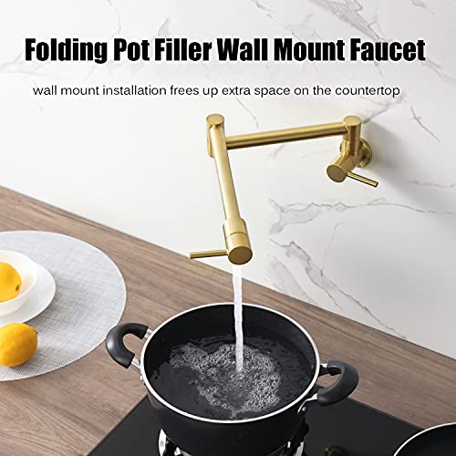 HAIYUNDA Pot Filler Folding Faucets,Wall Mount Pot Filler Kitchen Faucet Solid Brass,Swing Arm Folding Brushed Gold Modern Kitchen Sink Faucet Folding Stretchable with Single Hole Two Handles