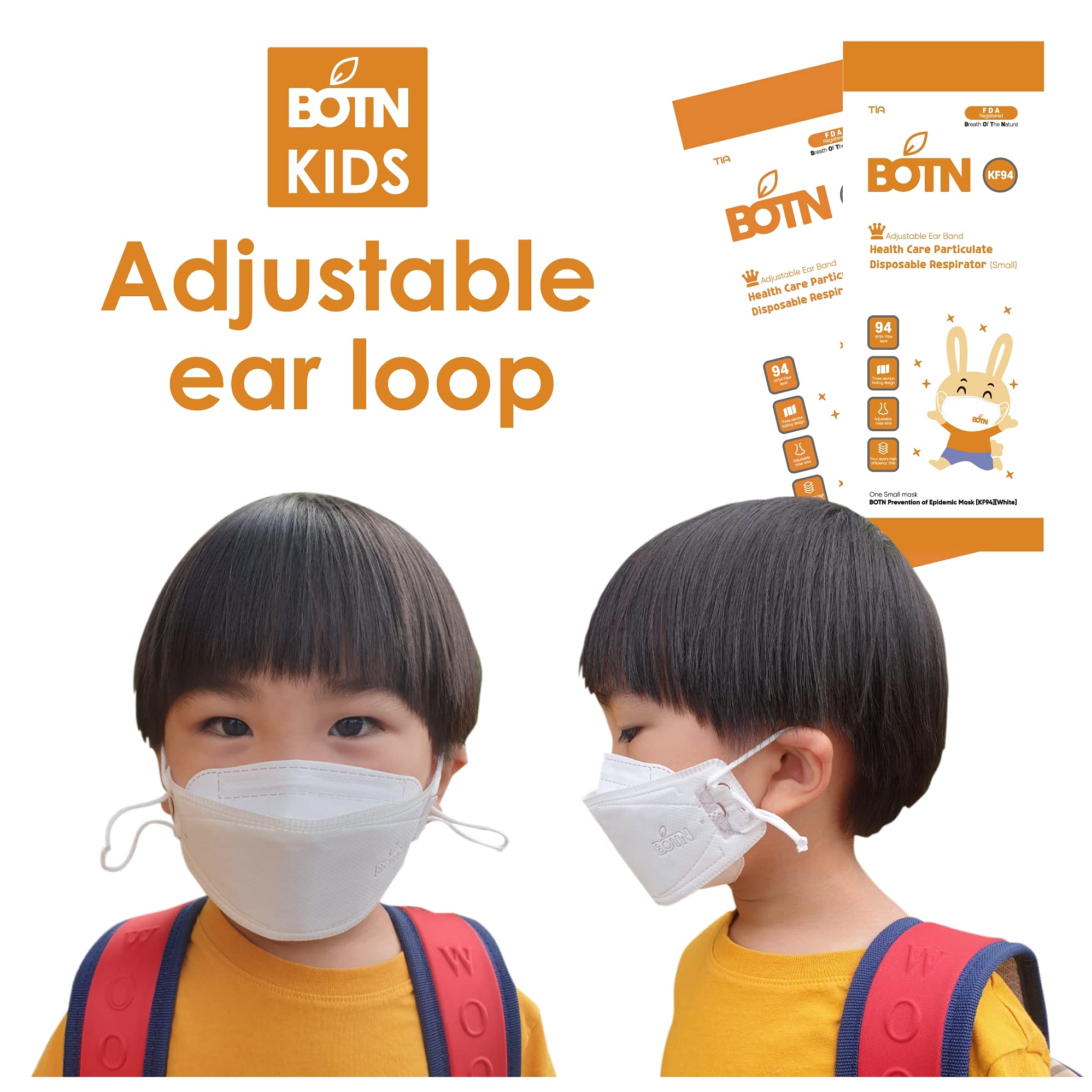 BOTN Child fit 10Pcs KF94 Protective and Safety Face Mask, 4-Layer Filter and 3D Design, Adjustable Strap and Made in Korea (Black, Small)