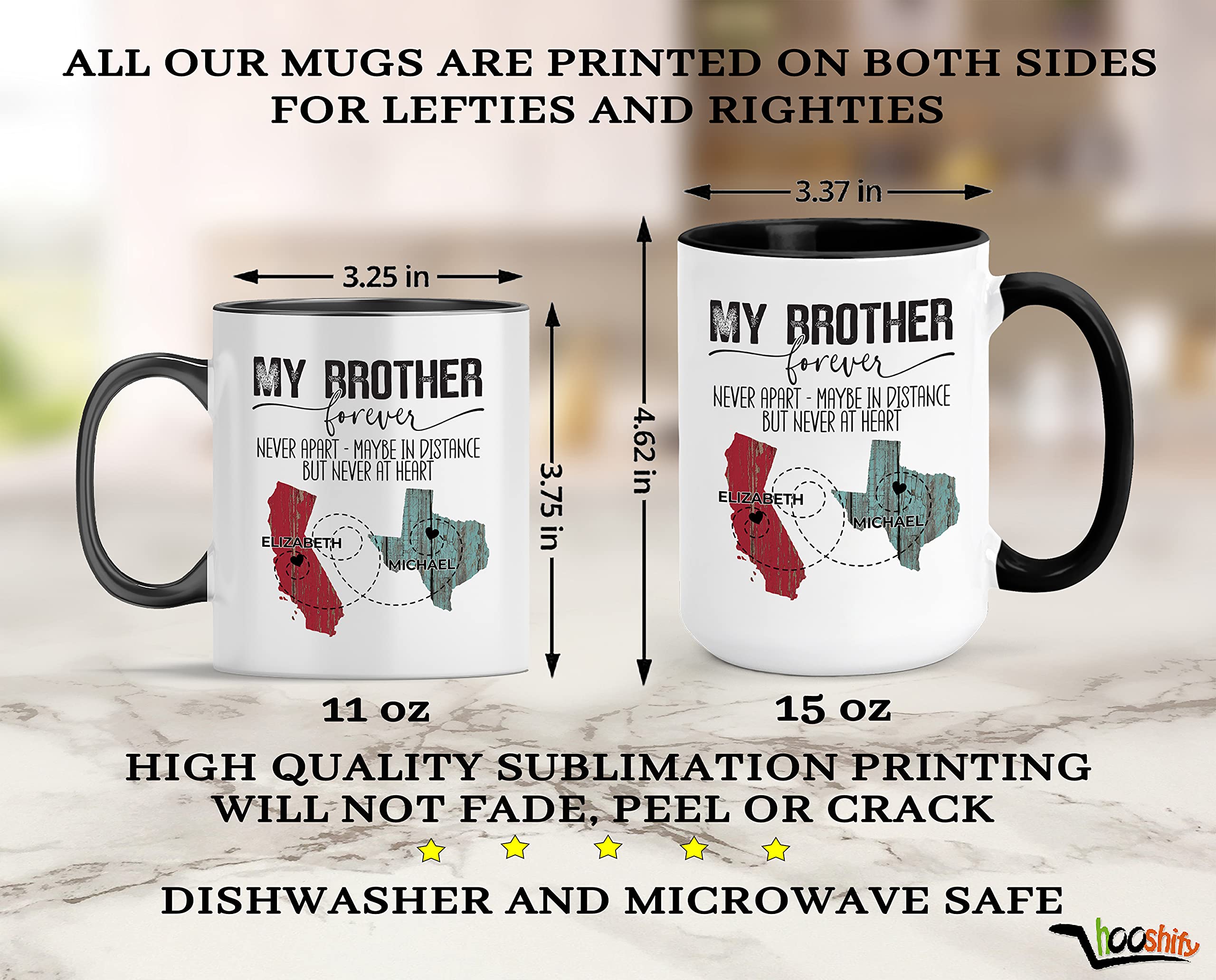 Personalized My Brother Forever Mug from Brother and Sister, Customizable Long Distance Coffee Mug Gifts for Brother, Custom All US States 11oz or 15oz Coffee Cup (15 oz., W/Black Inner & Handle)