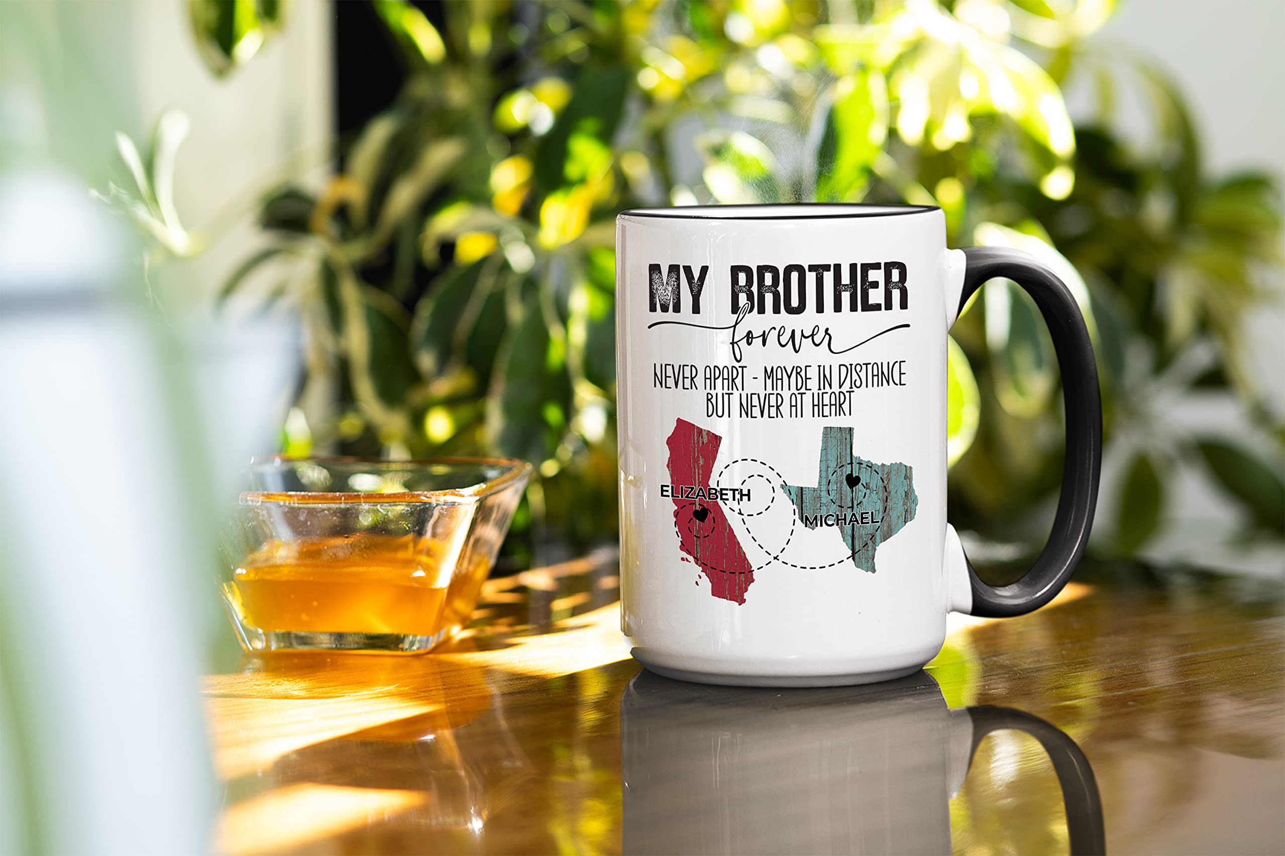 Personalized My Brother Forever Mug from Brother and Sister, Customizable Long Distance Coffee Mug Gifts for Brother, Custom All US States 11oz or 15oz Coffee Cup (15 oz., W/Black Inner & Handle)