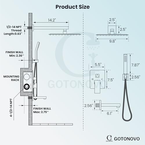 gotonovo Matte Black Shower System with Tub Spout 3 Function Mixer Shower Tub Combo Set 10 Inch Wall Mounted Rainfall Shower Head with Handheld Shower Bathroom Luxury Rain Rough-in Valve and Trim Kit