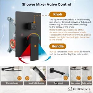 gotonovo Matte Black Shower System with Tub Spout 3 Function Mixer Shower Tub Combo Set 10 Inch Wall Mounted Rainfall Shower Head with Handheld Shower Bathroom Luxury Rain Rough-in Valve and Trim Kit